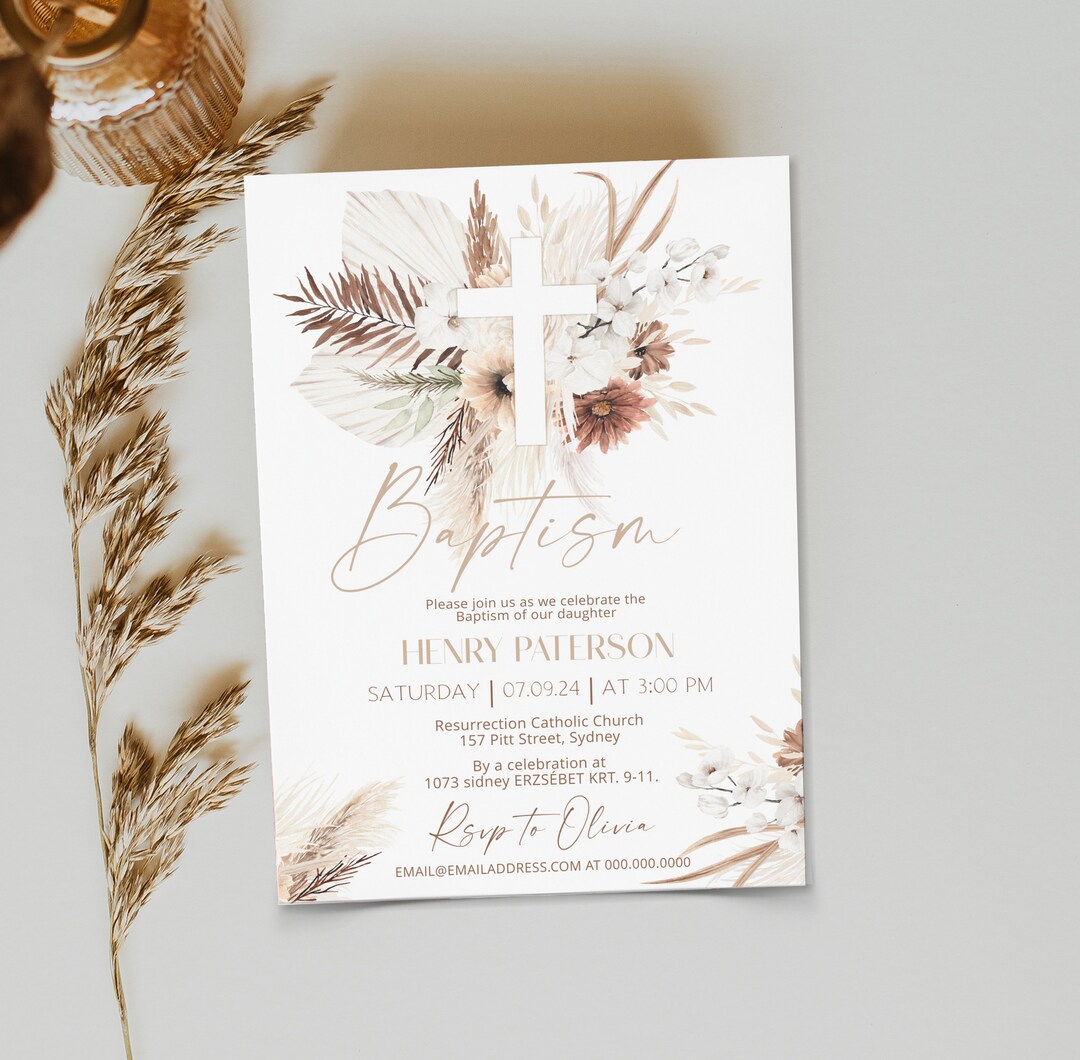Fall Boho Baptism Invitation, Elegant Pampas Grass Baptism Invitation ...