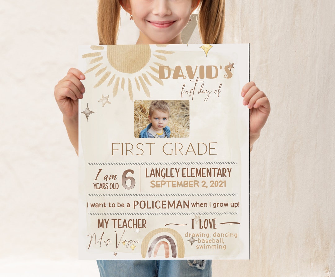 Boho Rainbow School Milestone Sign, Editable First Day of First Grade ...
