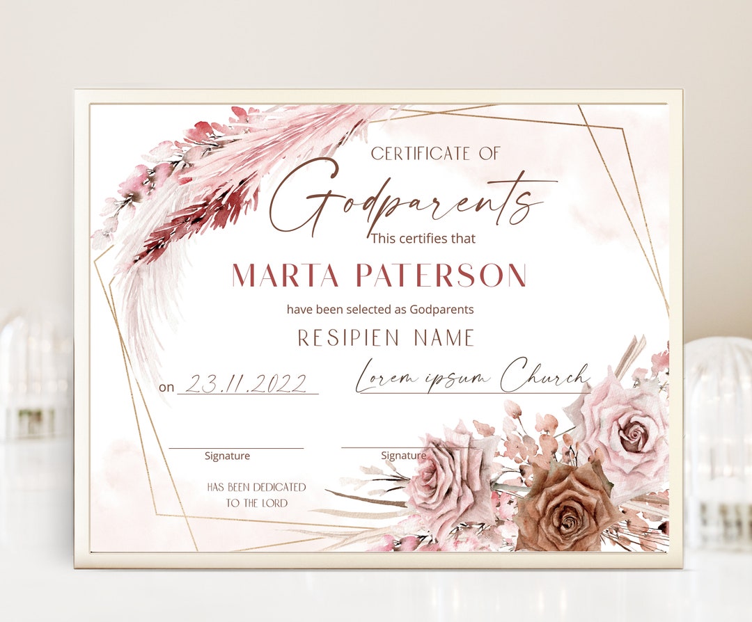 Pink Boho Baptism Certificate of Godparents, Editable Baptism ...