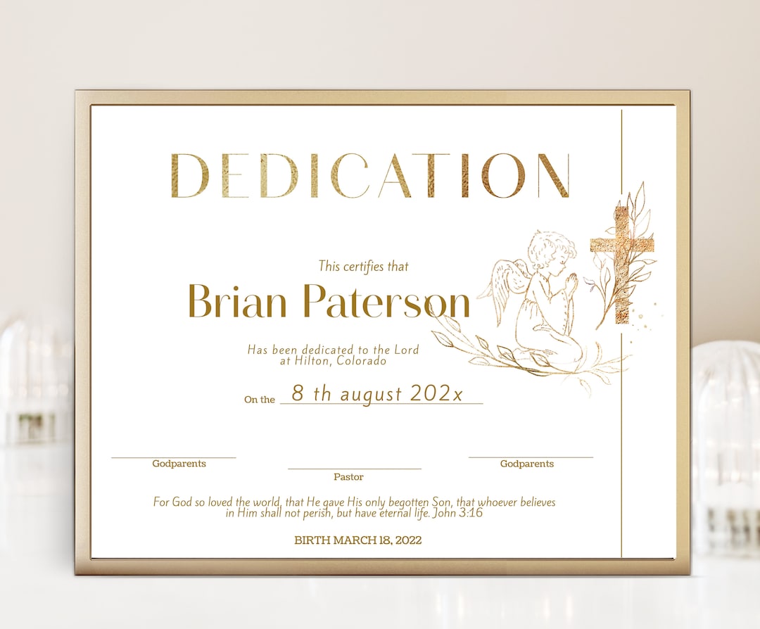 Dedication Certificate Template With Golden Angel, Printable ...