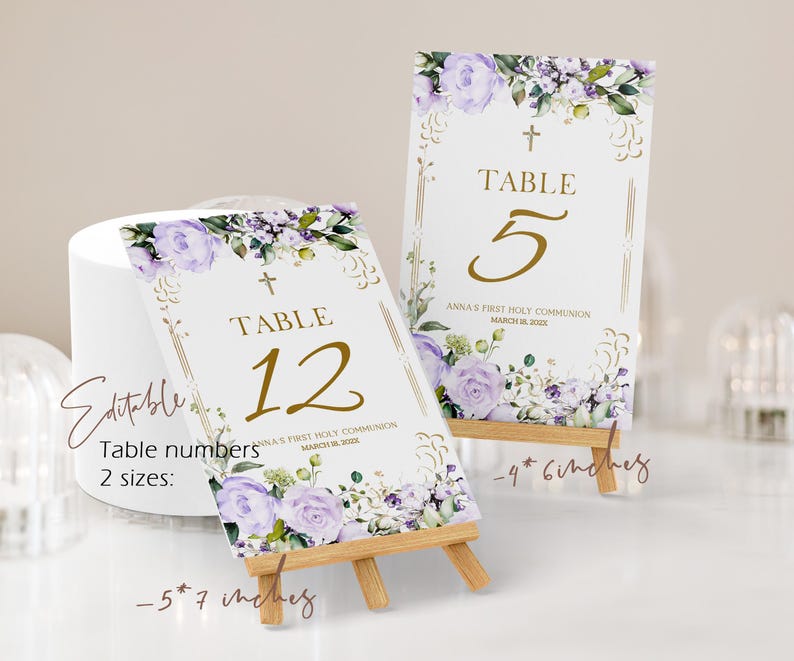 Purple Floral Table Numbers Template, First Holy Communion Table Number ...
