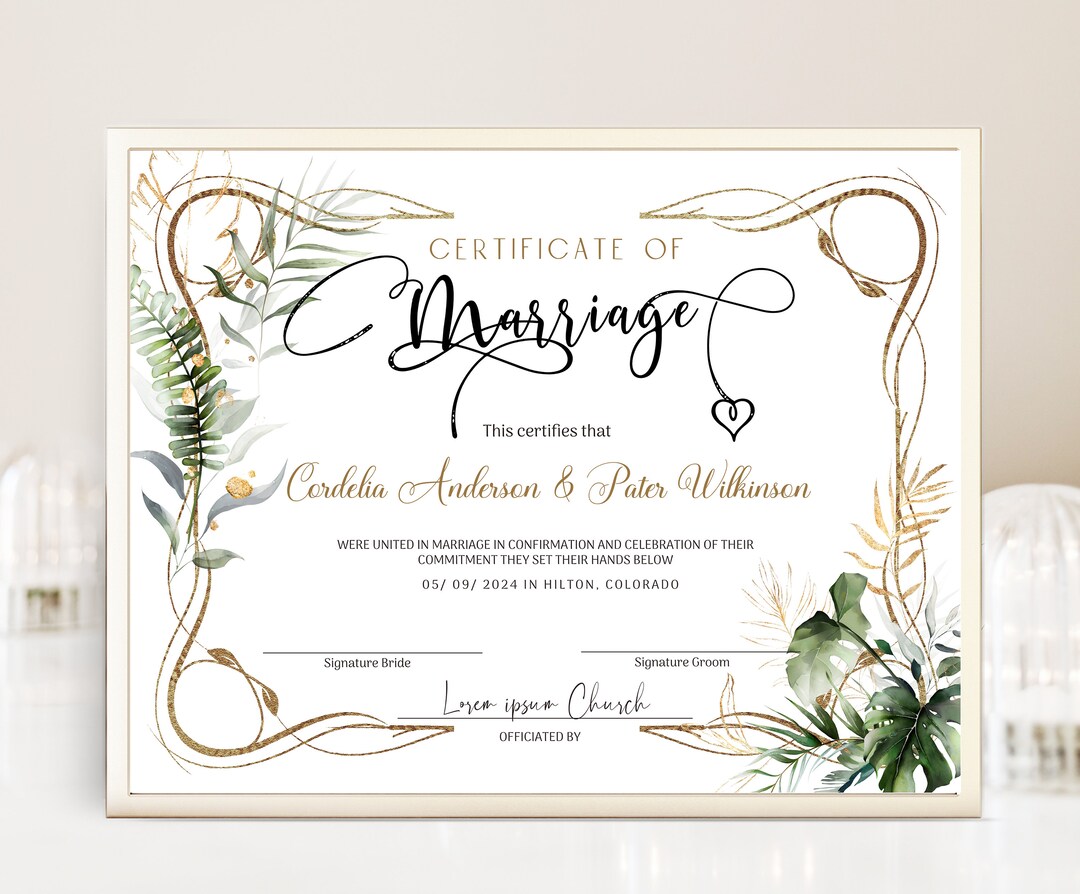Greenery Wedding Certificate Template, Editable Marriage Certificate ...