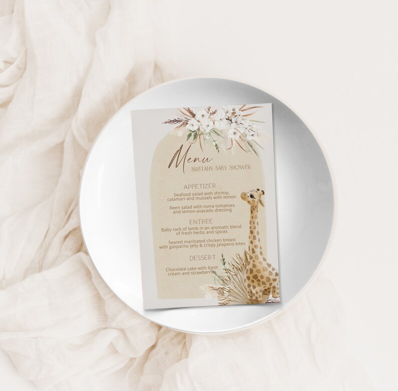 Boho Giraffe Menu Template Boho Safari Menu Card Printable - Etsy