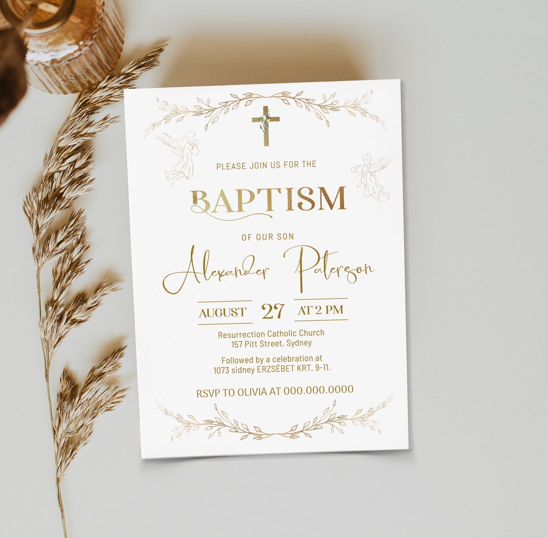 Elegant Gold Baptism Invitation, Angel Baptism Template, Modern Gender ...