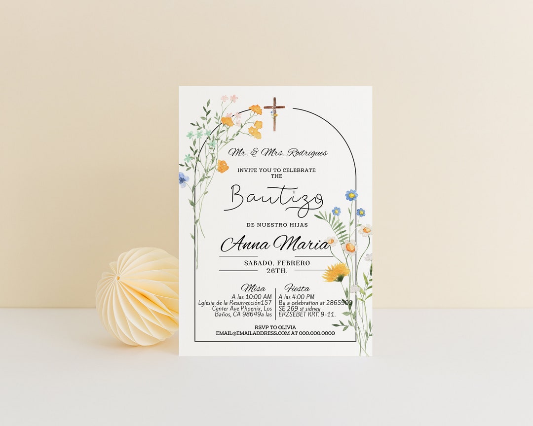Spring Wildflower Mi Bautizo Invitation, Bautizo Invite, Editable ...