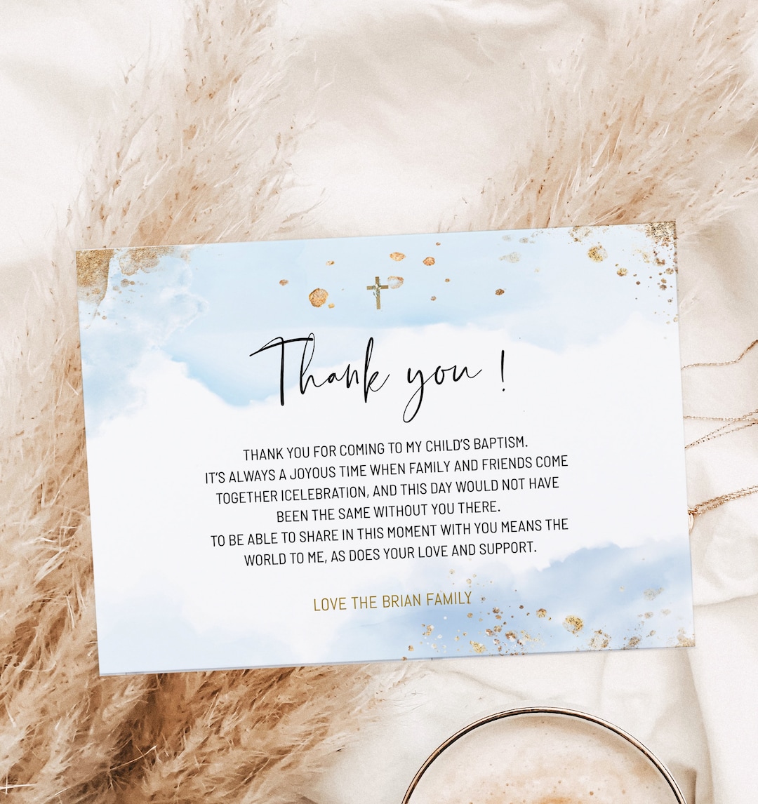 Blue Gold Baptism Thank You Cards, Thank You Note Template, Christening ...