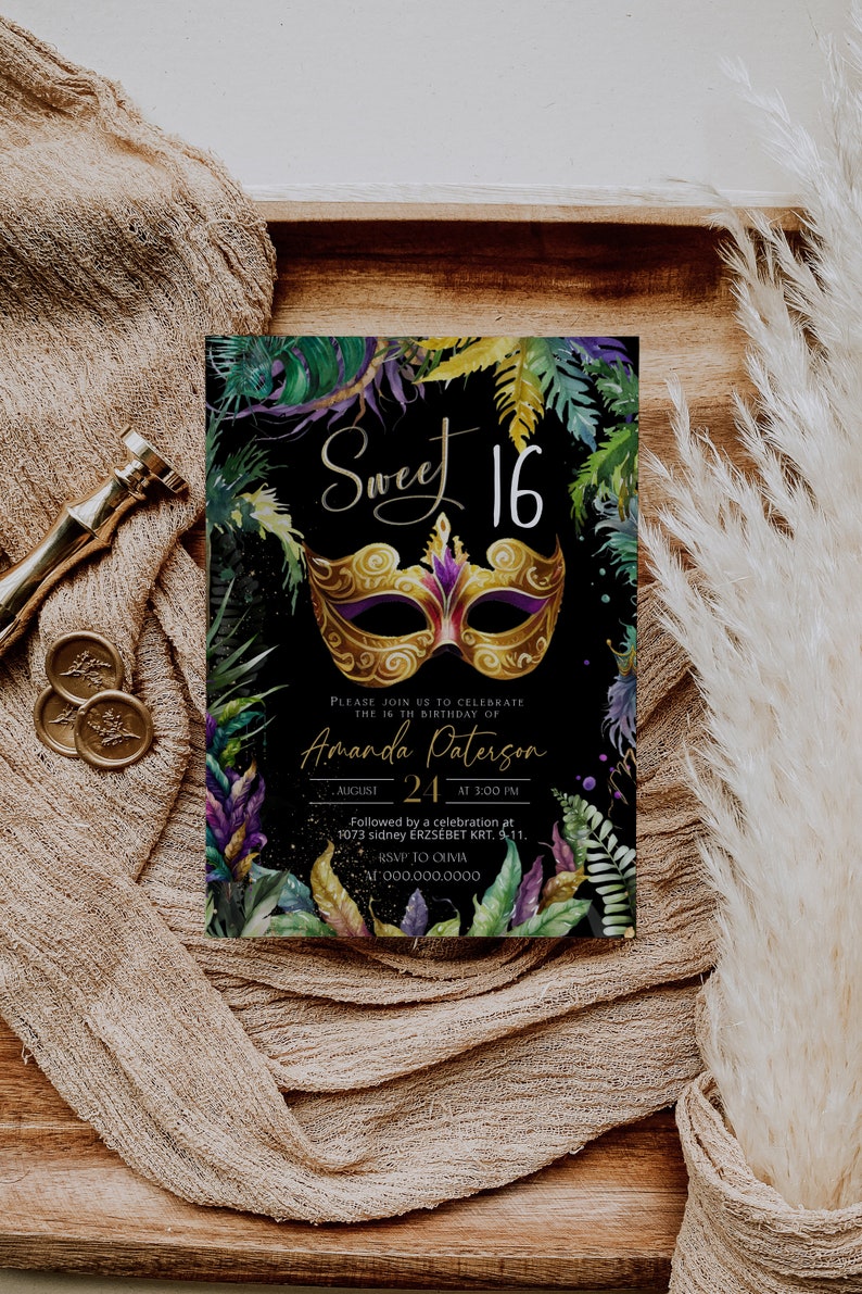 Masquerade Sweet 16 Invitation Template Birthday Mardi Gras - Etsy