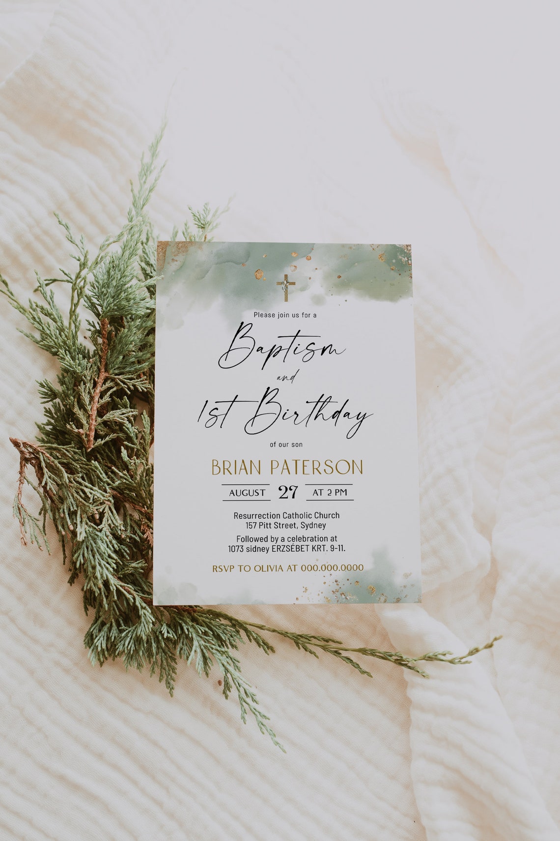 Sage Green Gold Baptism and 1st Birthday Invitation Template ...