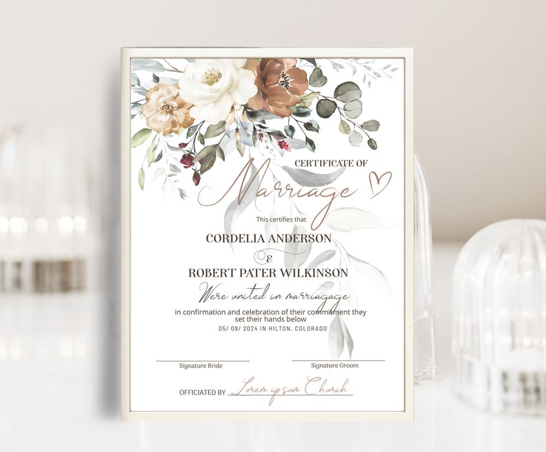 Boho Wedding Certificate Template Editable Marriage - Etsy