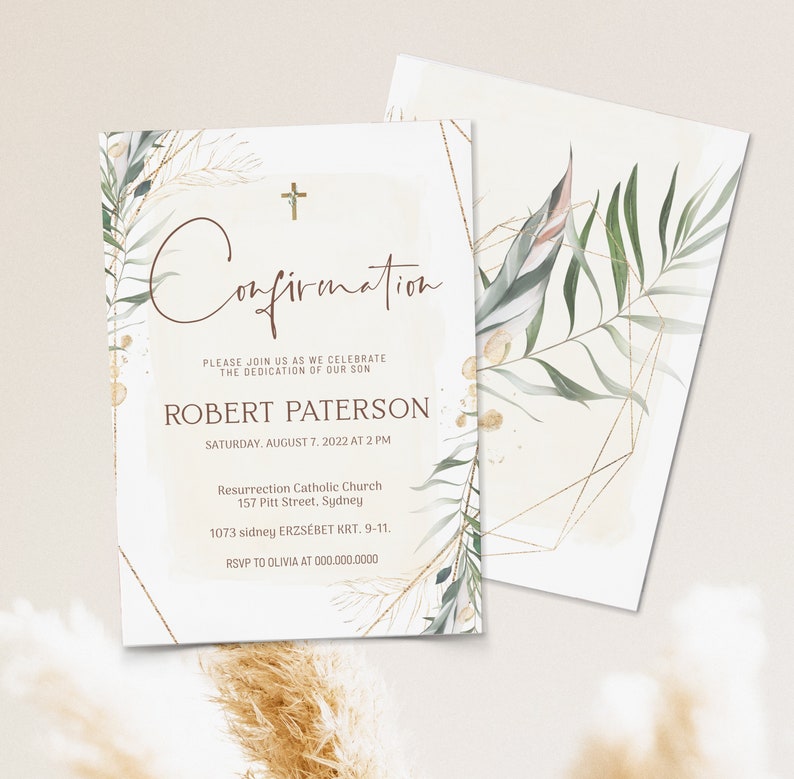 Greenery Confirmation Invitation Template, Boho Baptism Invitation ...