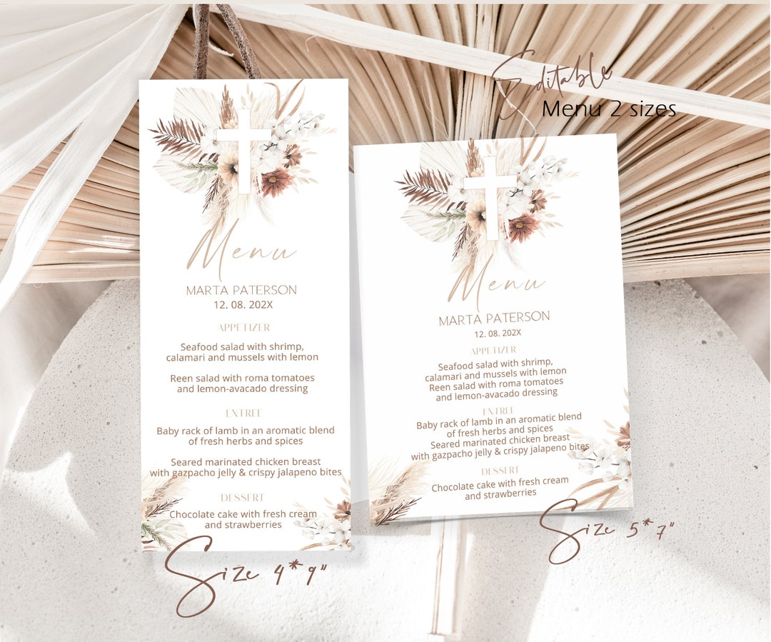 Boho Menu Template, Menu Card, Christening Menu Card, Printable Menu ...