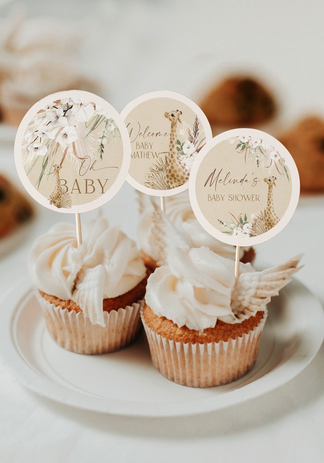 Boho Giraffe Cupcake Toppers, Boho Animals Baby Shower Party Toppers ...