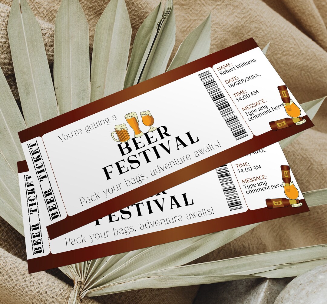 Beer Festival Ticket Template, Printable Birthday Surprise Gift Ticket ...