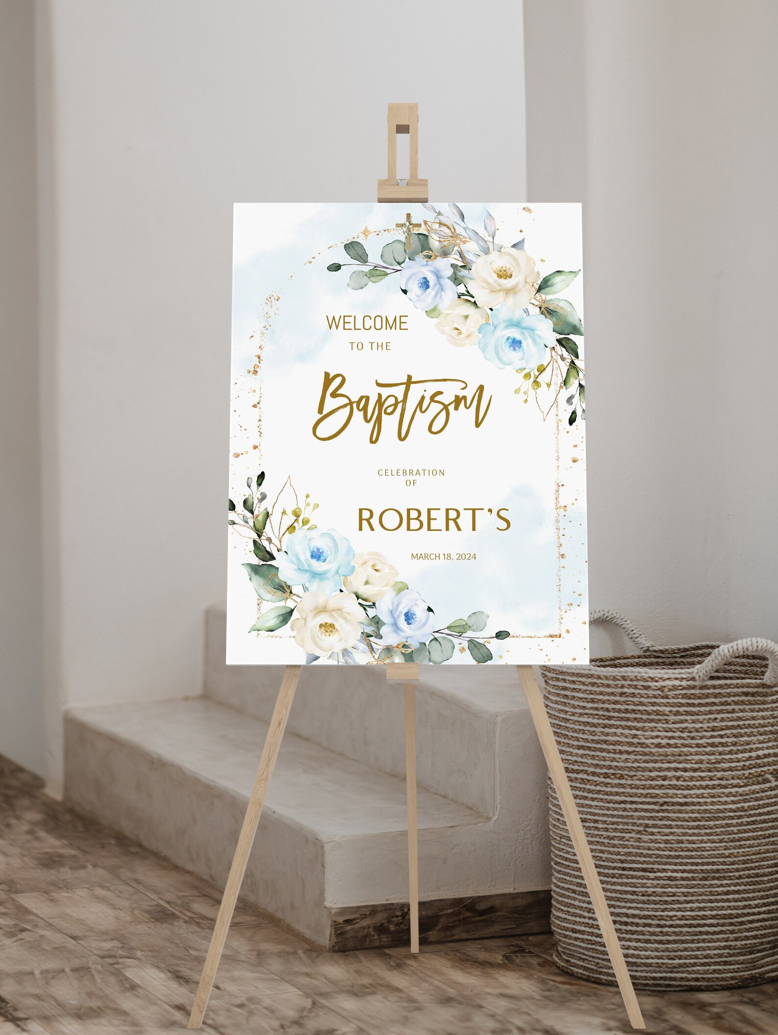 Blue Floral Baptism Welcome Sign Template, Editable Christening Welcome ...