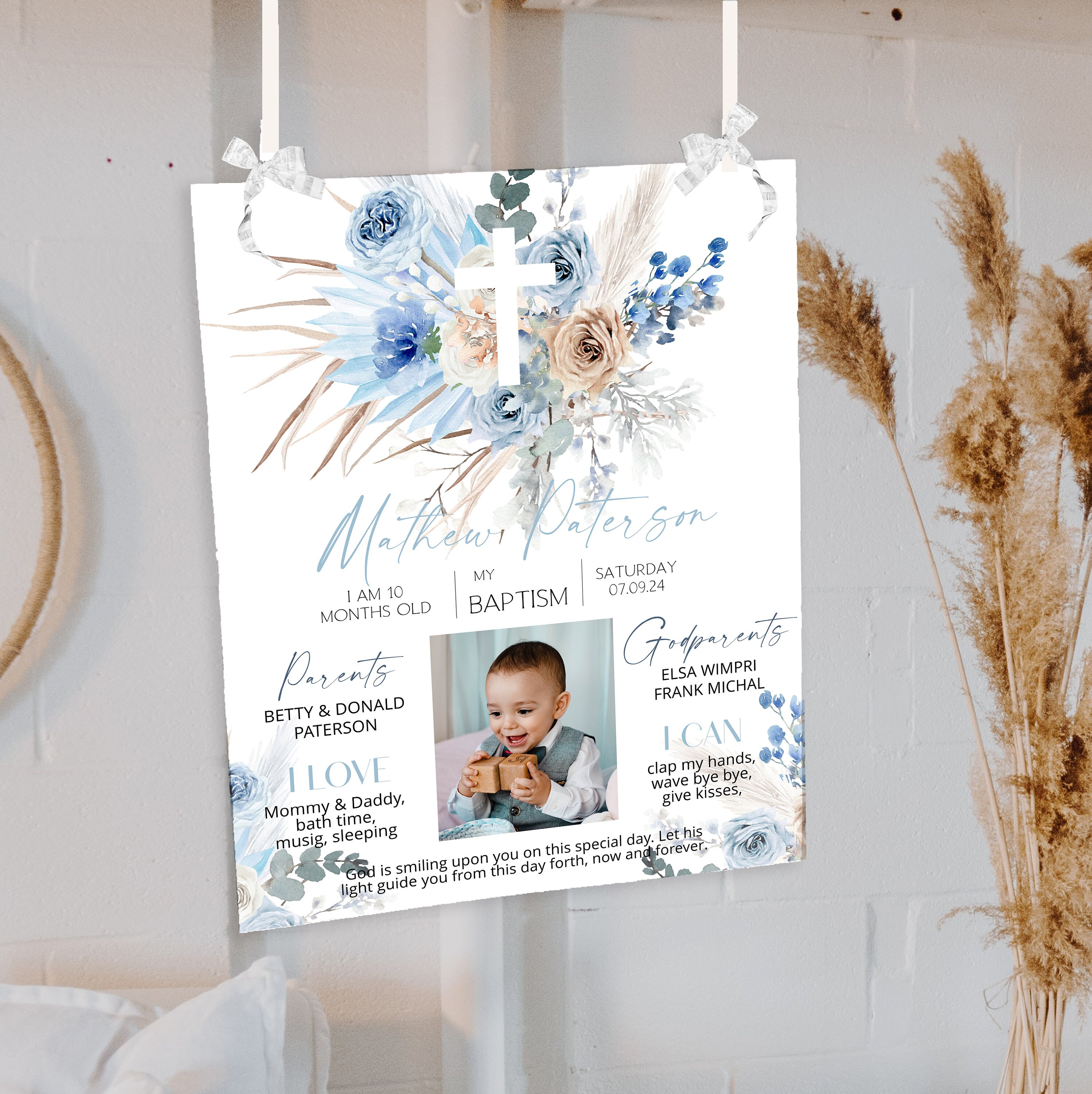 Blue Boho Baptism Milestone Photo Sign Pampas Grass Baptism - Etsy