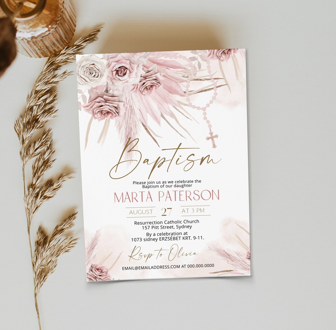 Pink Boho Baptism Invitation Template, Pampas Grass Baptism Invite ...