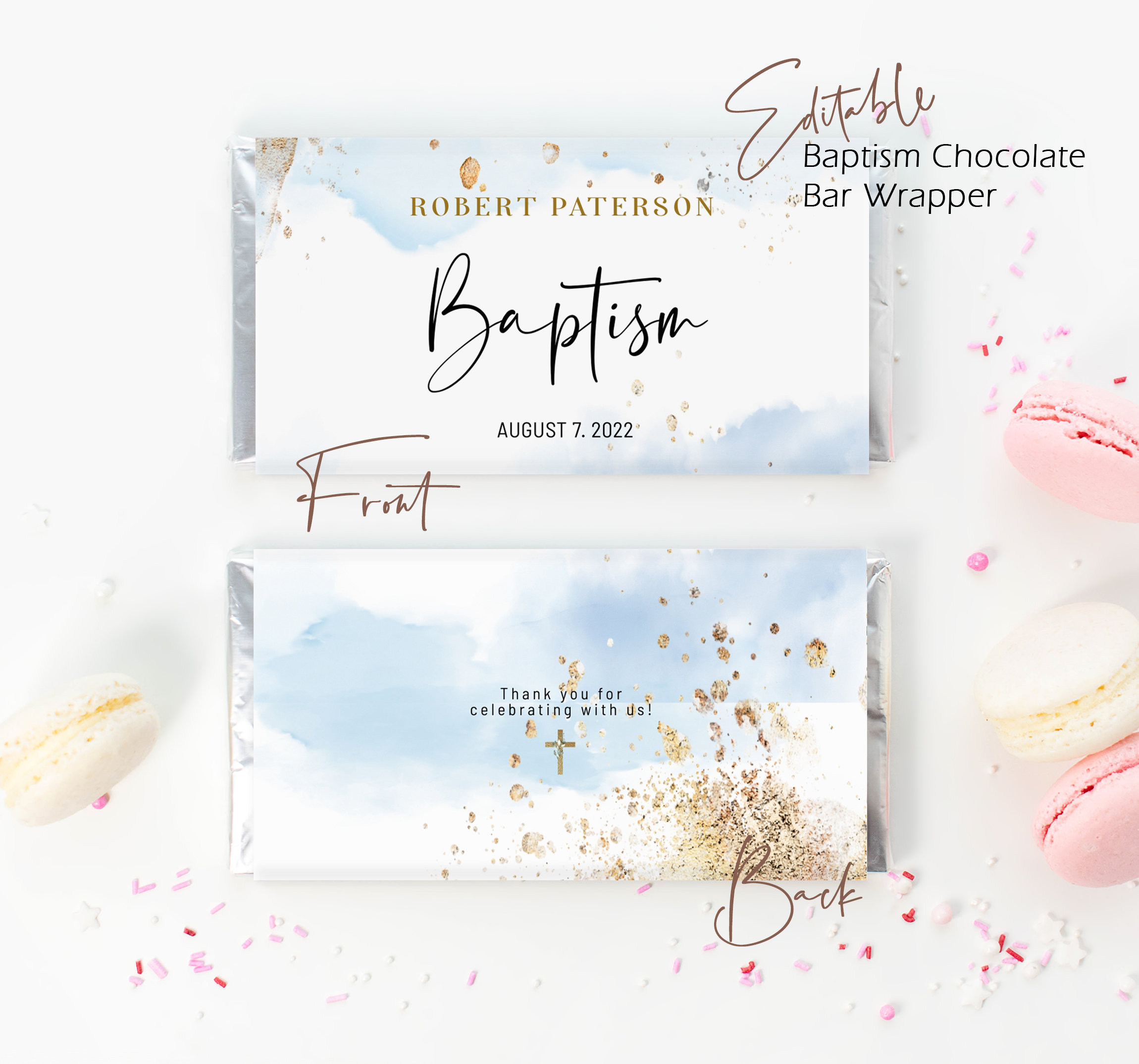 Blue Gold Baptism Chocolate Bar Wrapper Template Editable - Etsy