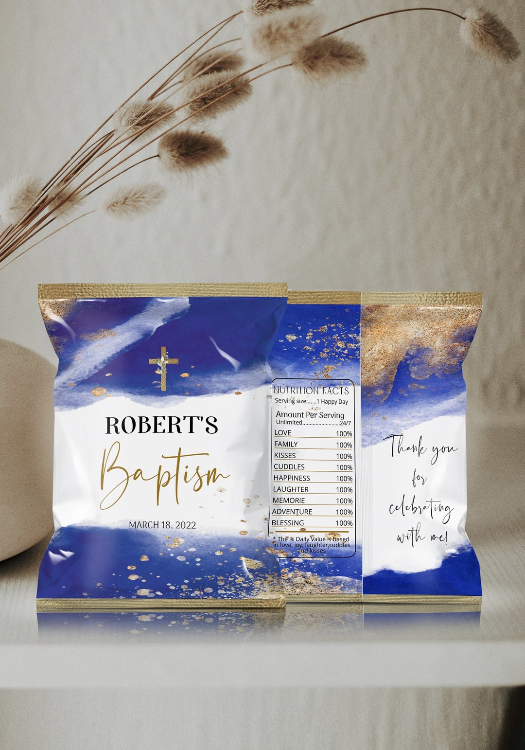 Blue Royal Gold Baptism Chip Bag Template, Editable Blue Gold Baptism ...
