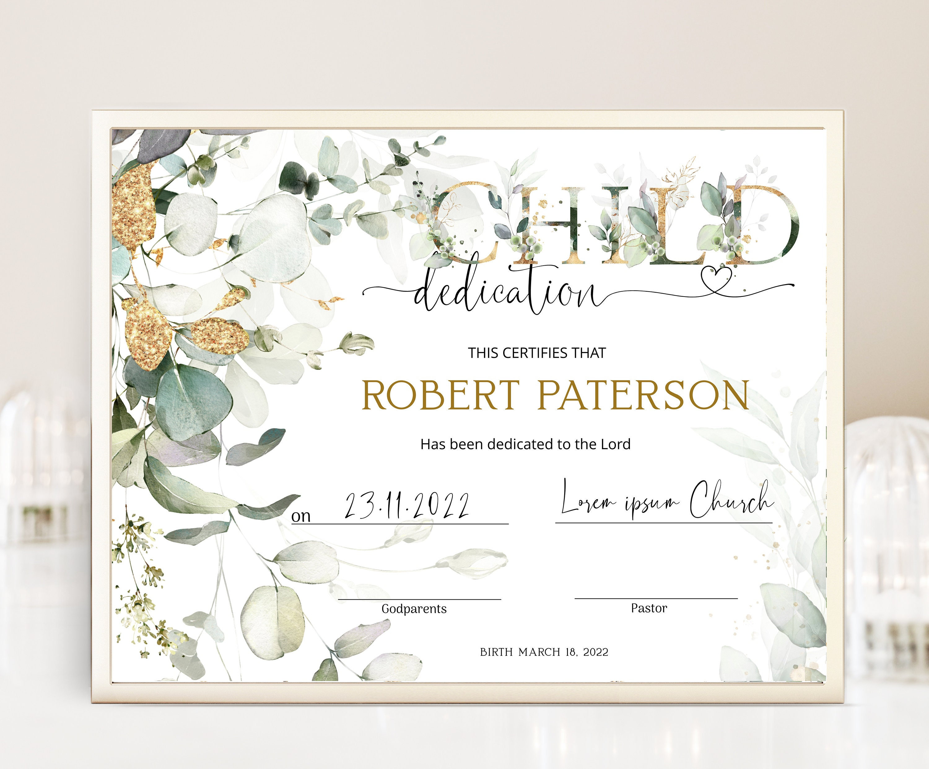 Spanish Baby Dedication Certificate