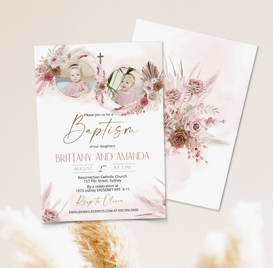 Girl Twins Baptism Invitation Template Photo Baptism Invite Girl ...