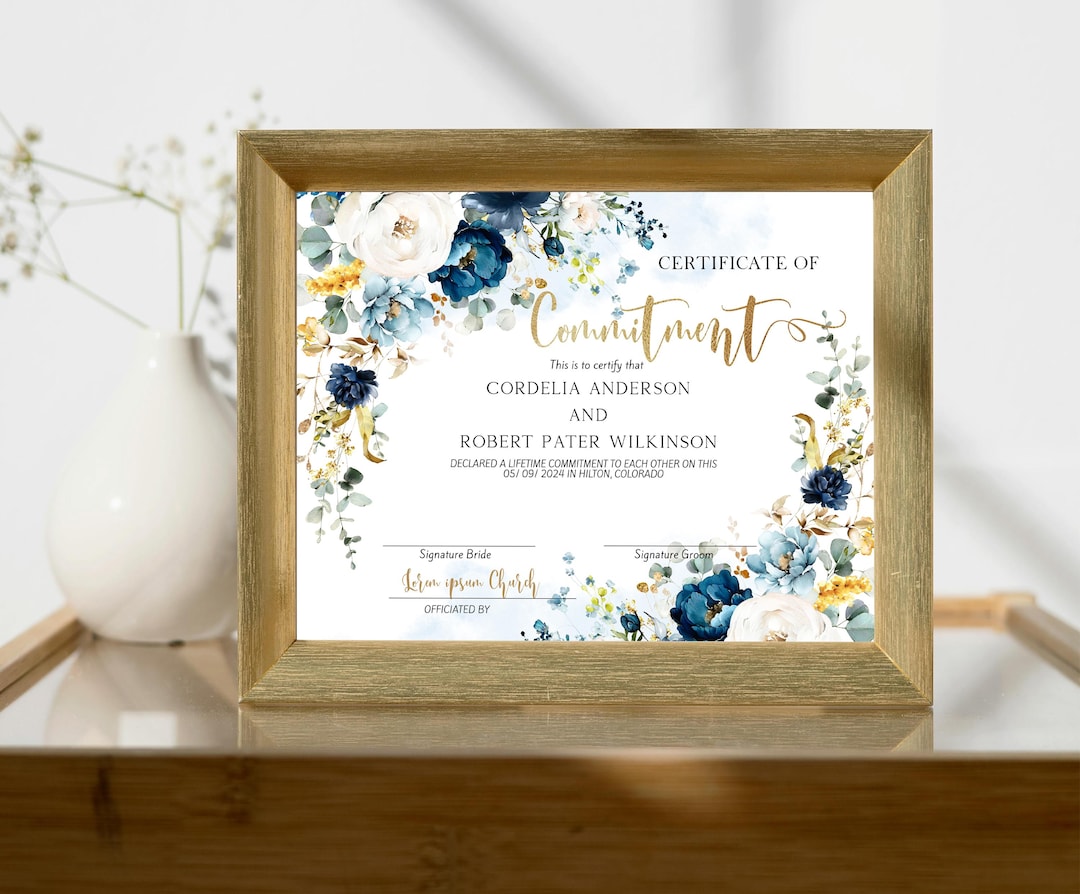 Blue Garden Flowers Certificate of Commitmen Template, Wedding ...