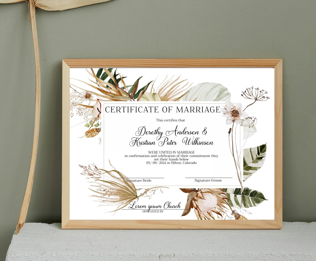 Boho Floral Certificate of Marriage Template, Editable Marriage ...