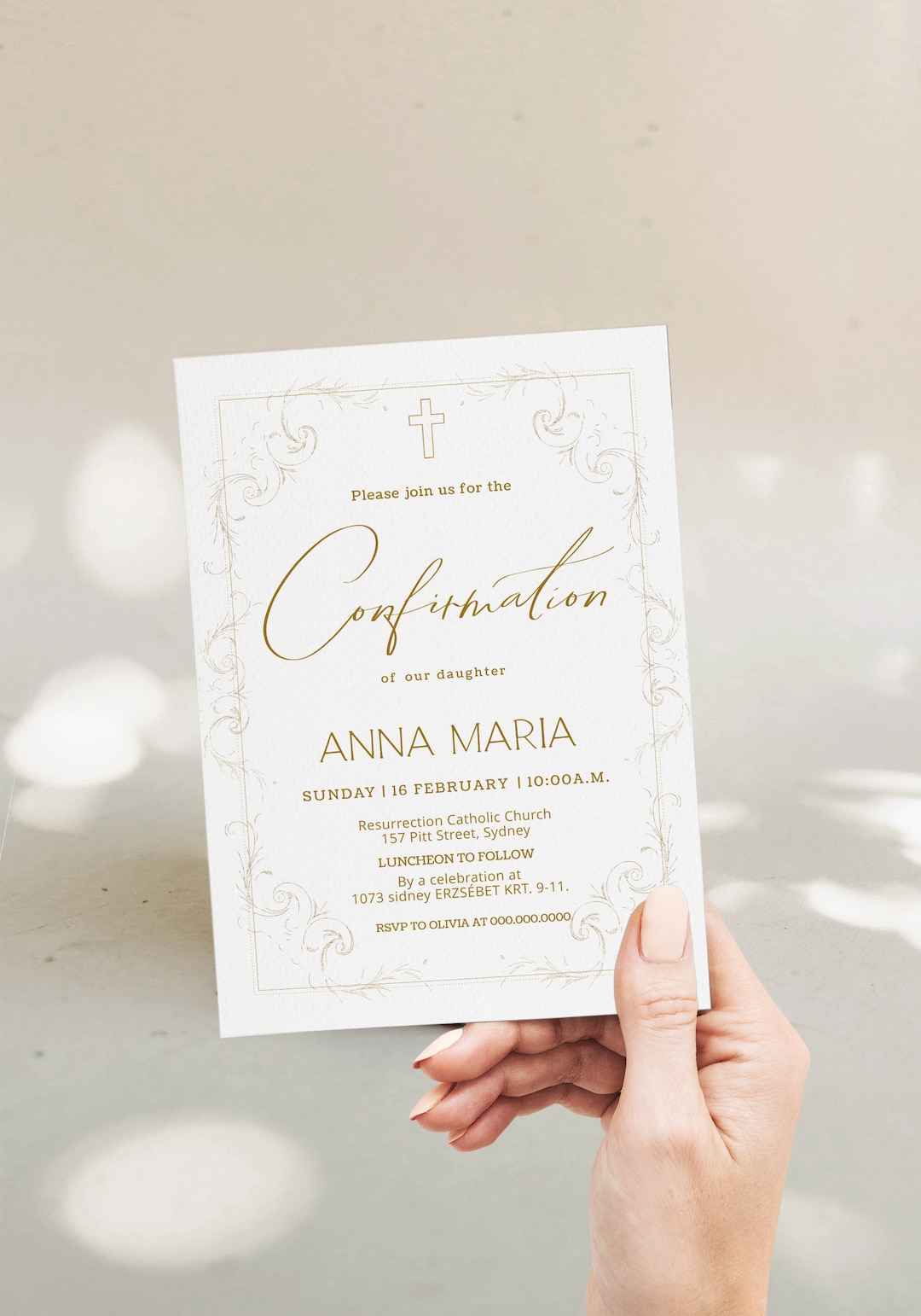 Modern Confirmation Invitation Template, Minimalist Gold Baptism Invite ...