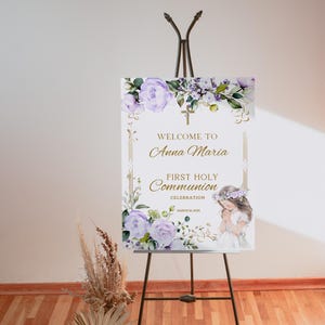 First Holy Communion Welcome Sign Template, Purple Gold First Holy ...