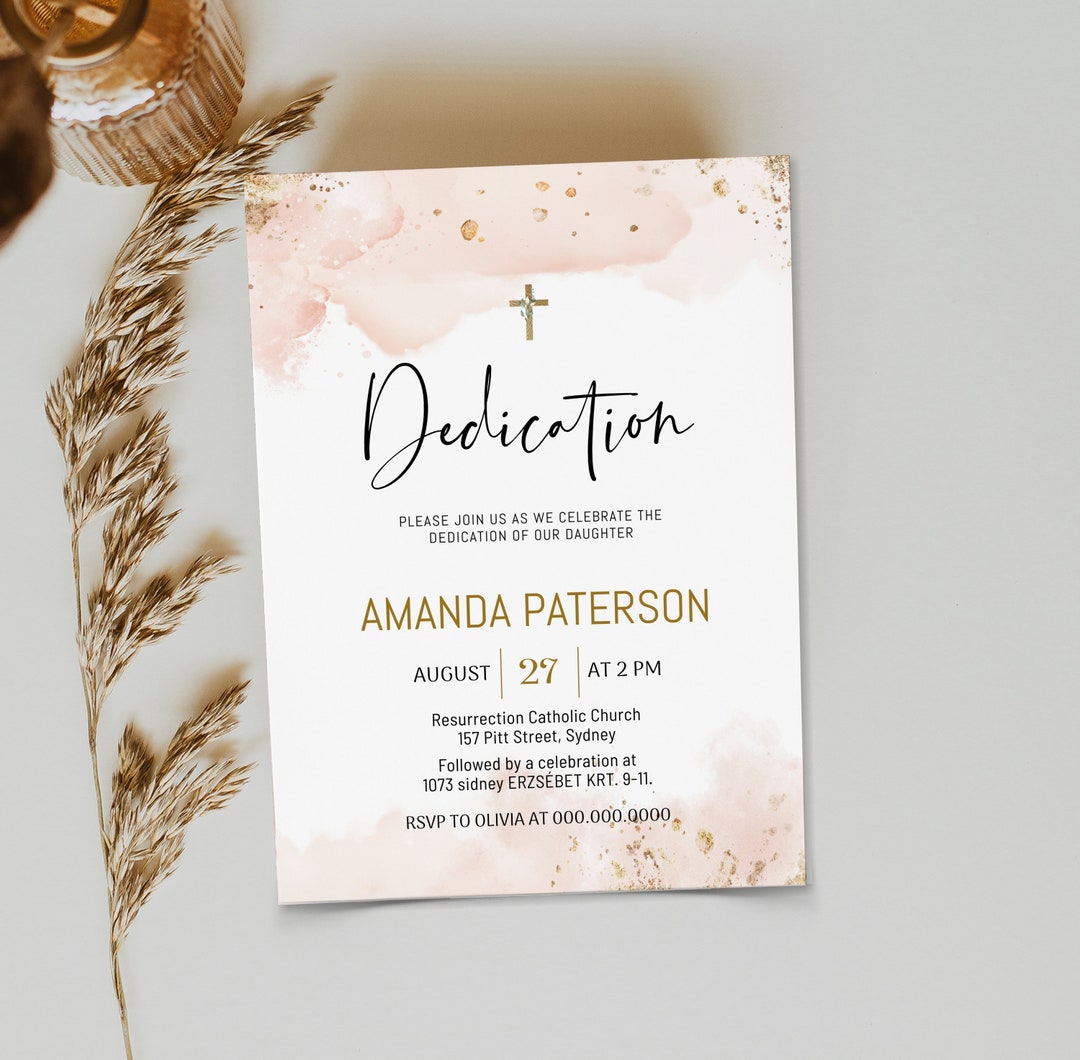 Pink Gold Dedication Invitation Template, Editable Dedication Invite ...