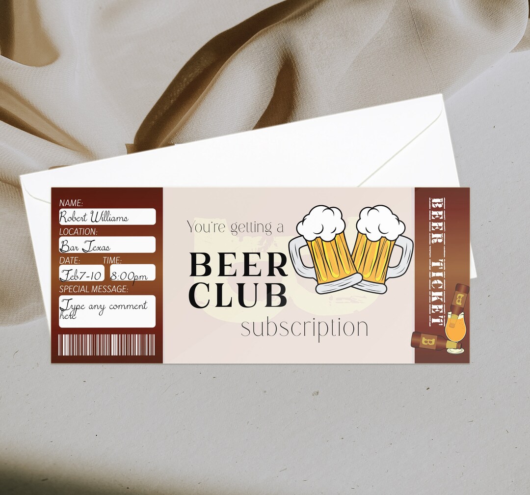 Beer Club Ticket Template, Printable Birthday Surprise Gift Ticket ...