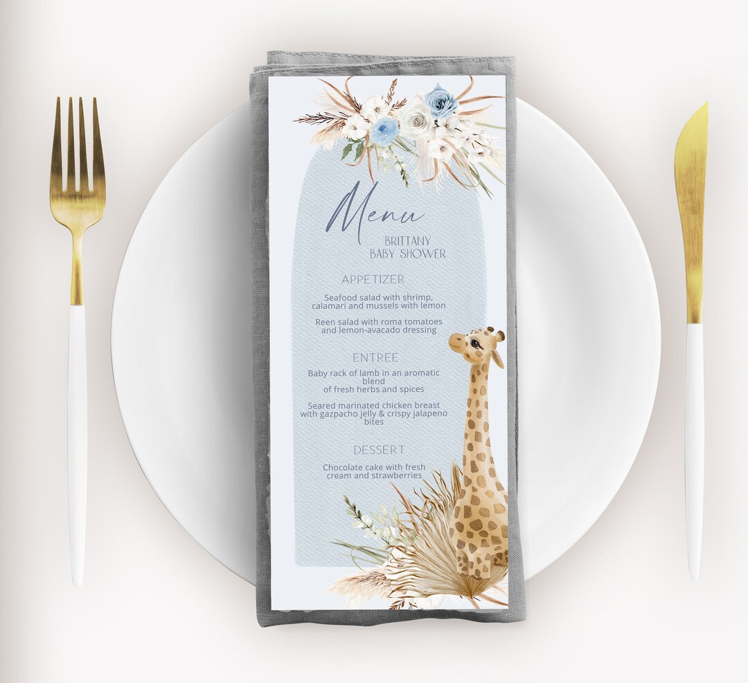 Blue Boho Giraffe Menu Template, Boho Safari Menu Card, Printable Boy ...