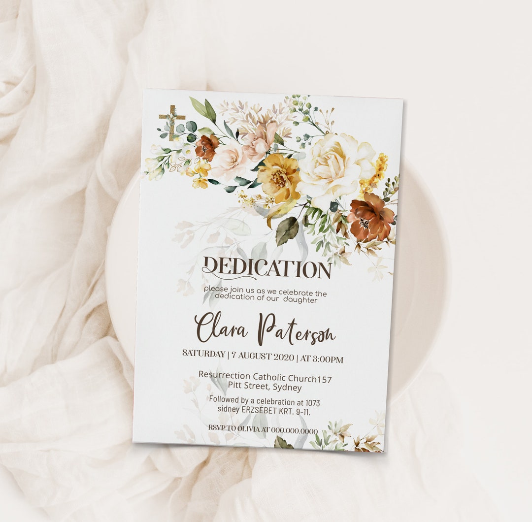 Boho Floral Dedication Invitation Template, Editable Girl Baptism ...