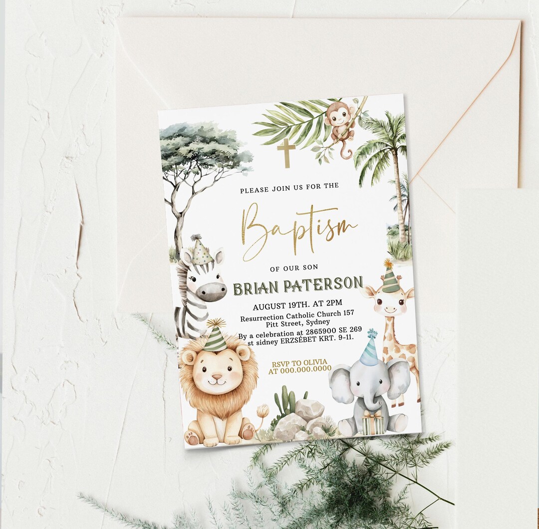 Safari Animals Baptism Invitation Template, Jungle Animal Invite ...