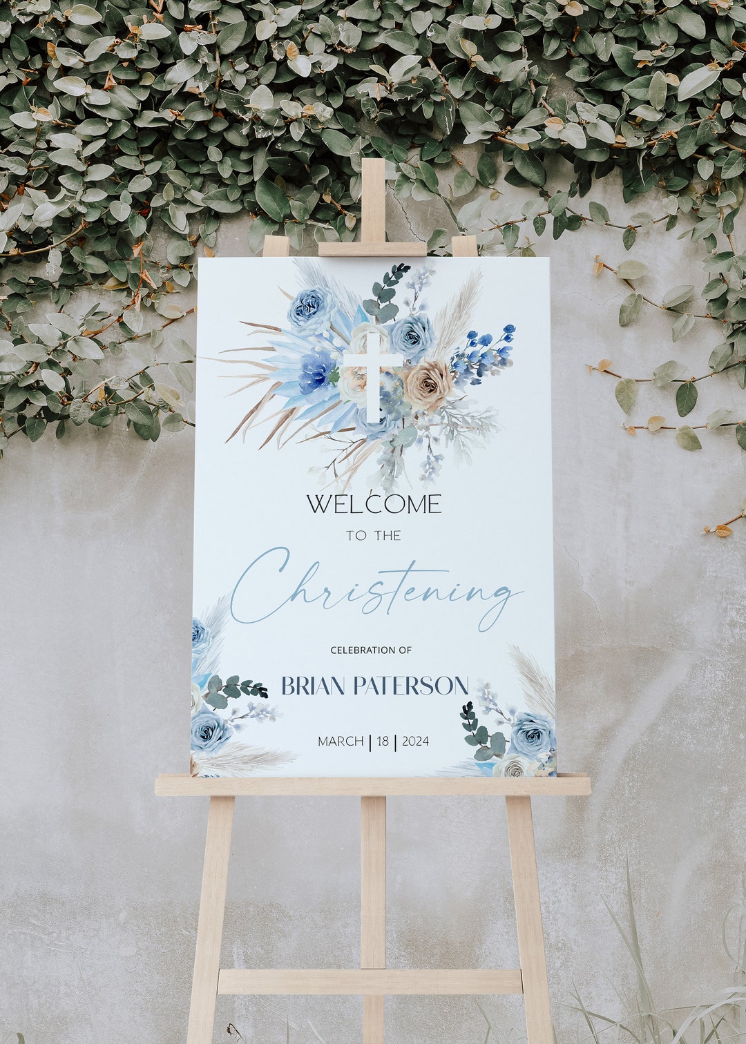 Pampas Gras Christening Welcome Sign Template, Printable Blue Boho ...