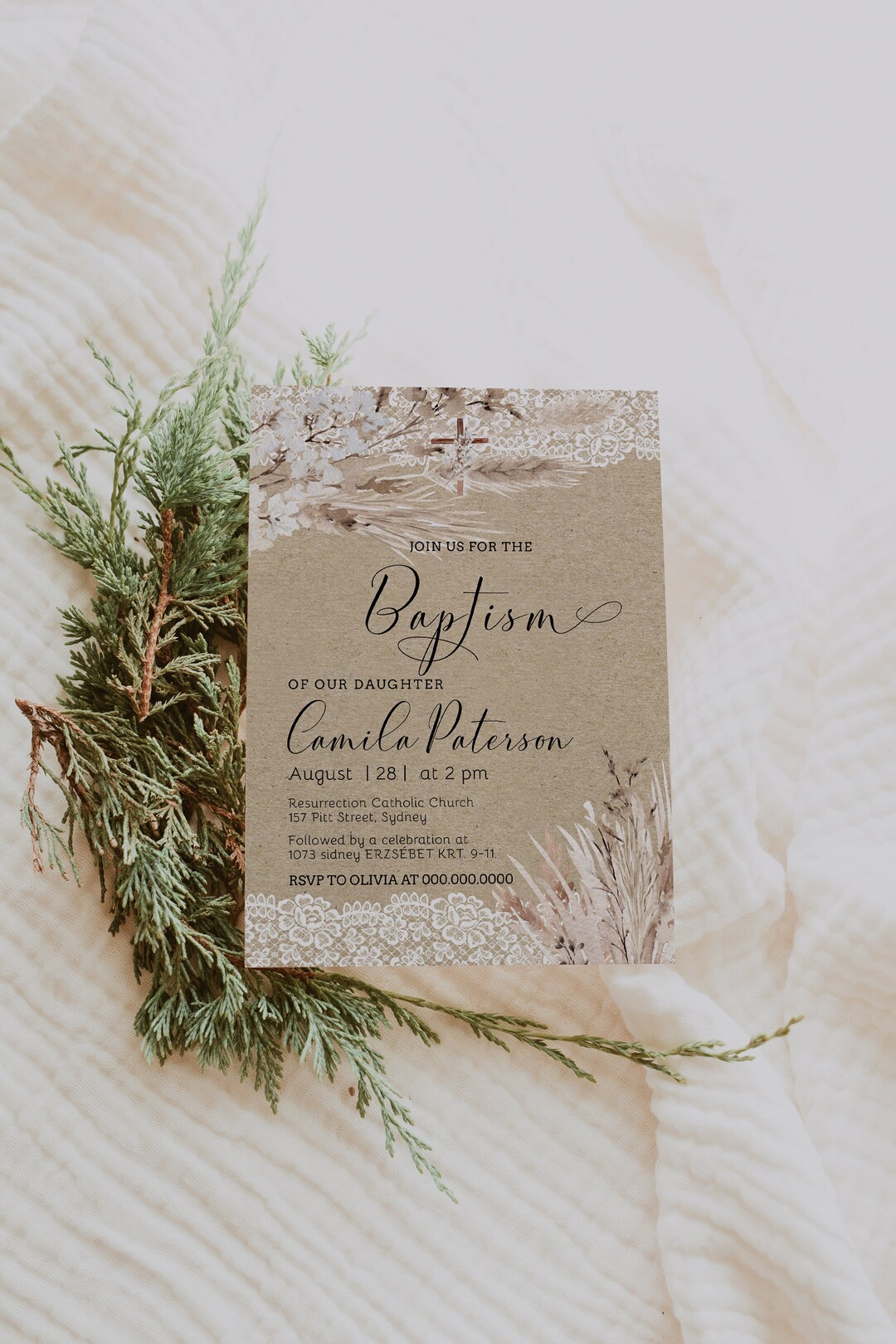 Pampas Grass Baptism Invitation, Boho Baptism Invitation Template ... Pampas Grass Baptism Invitation, Boho Baptism Invitation Template ...