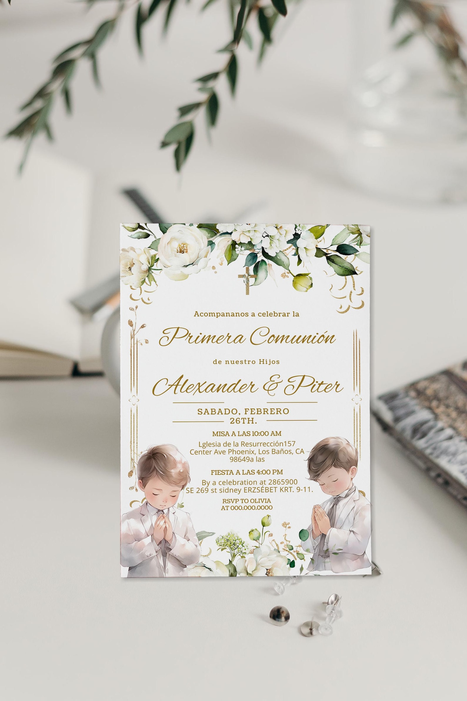 Twins Boys First Holy Communion Invite in Spanish Template, Invitación ...