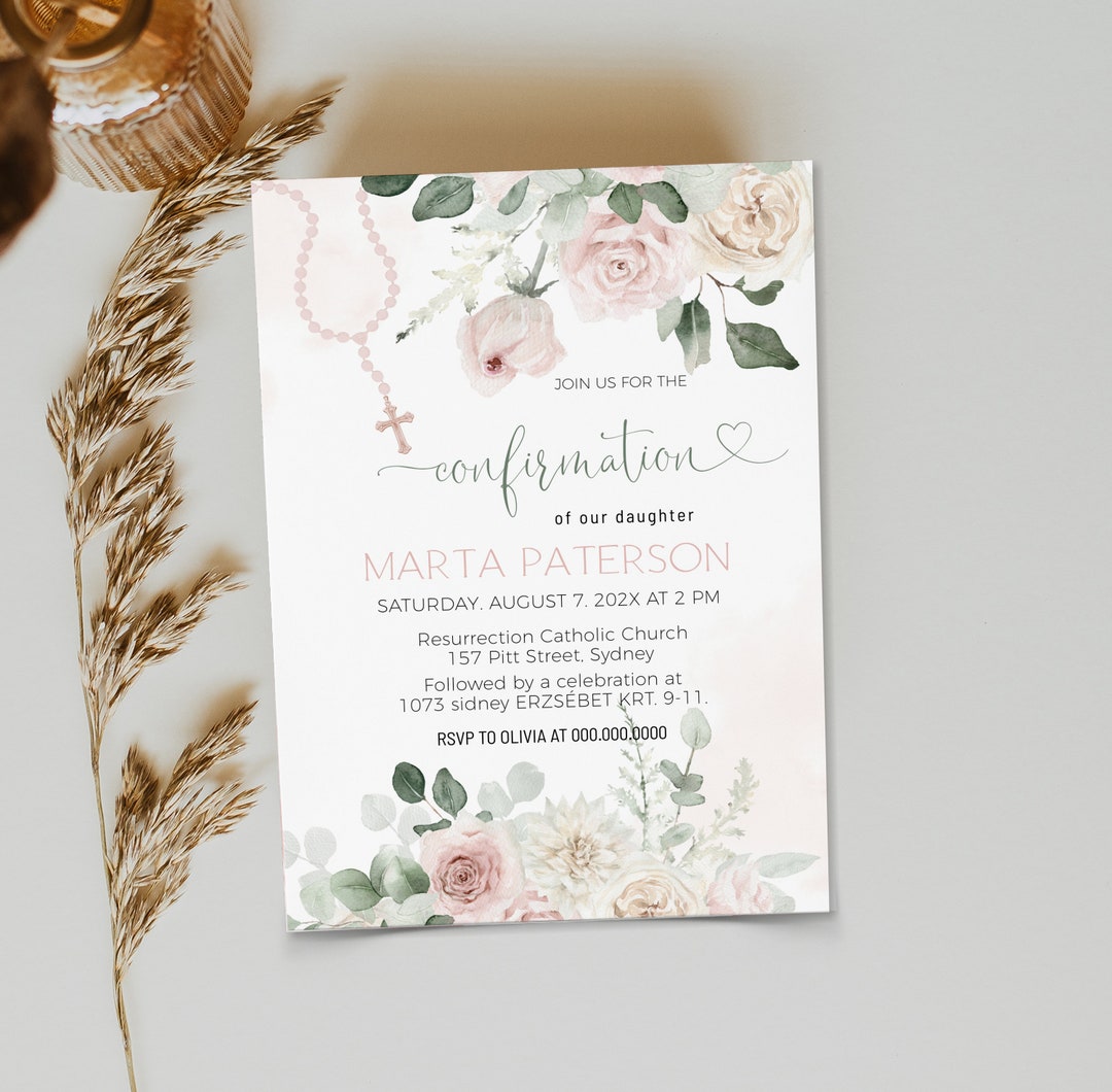 Confirmation Invitation Template, Printable Pink Baptism Invitation ...