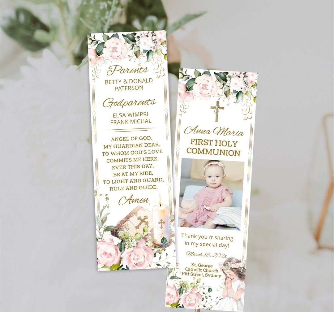First Holy Communion Bookmark With Photo, Editable Christening Bookmark ...