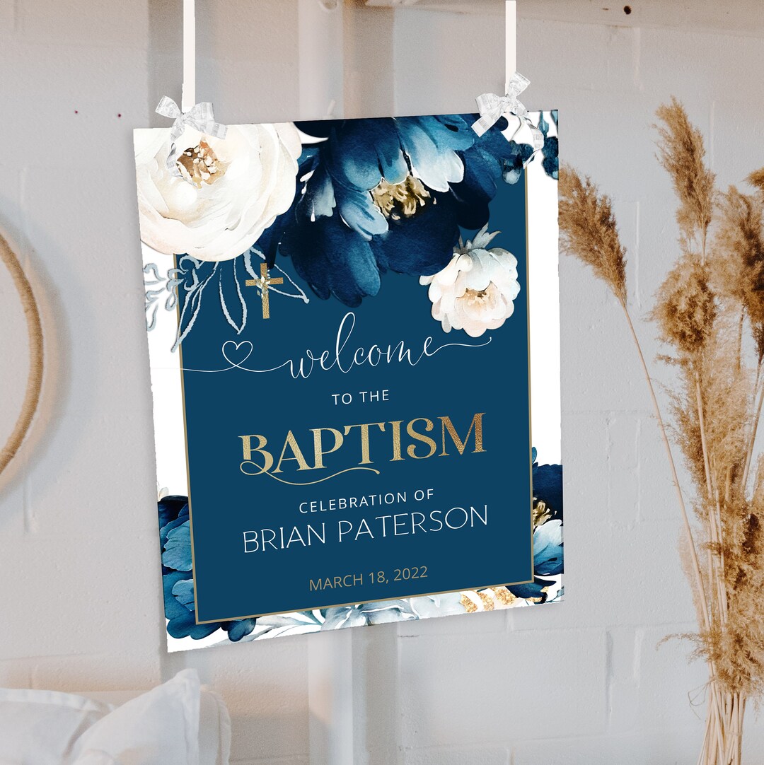 Blue Gold Flower Baptism Welcome Sign Template, Printable Blue Navy ...