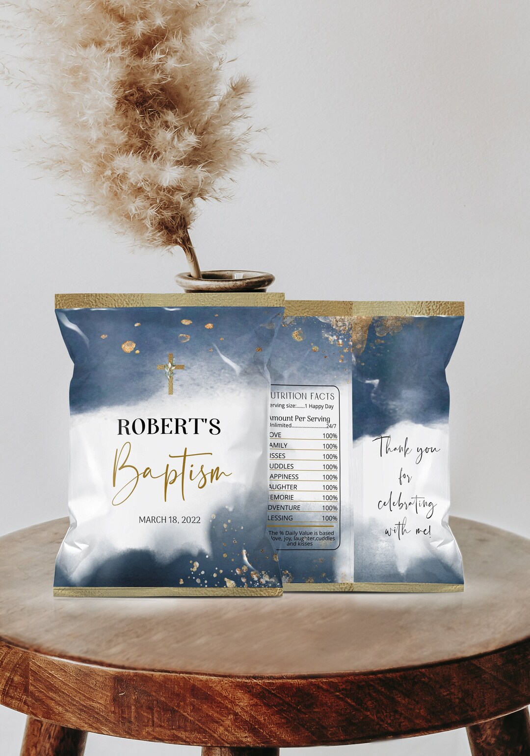Blue Navy Gold Baptism Chip Bag Template, Blue Gold Baptism Wrapper ...