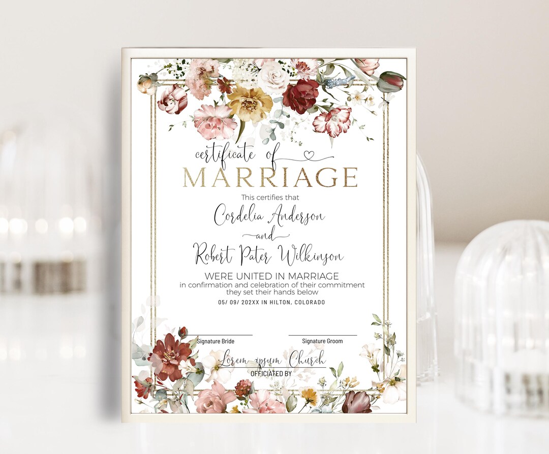 Boho Floral Wedding Certificate Template, Editable Marriage Certificate ...
