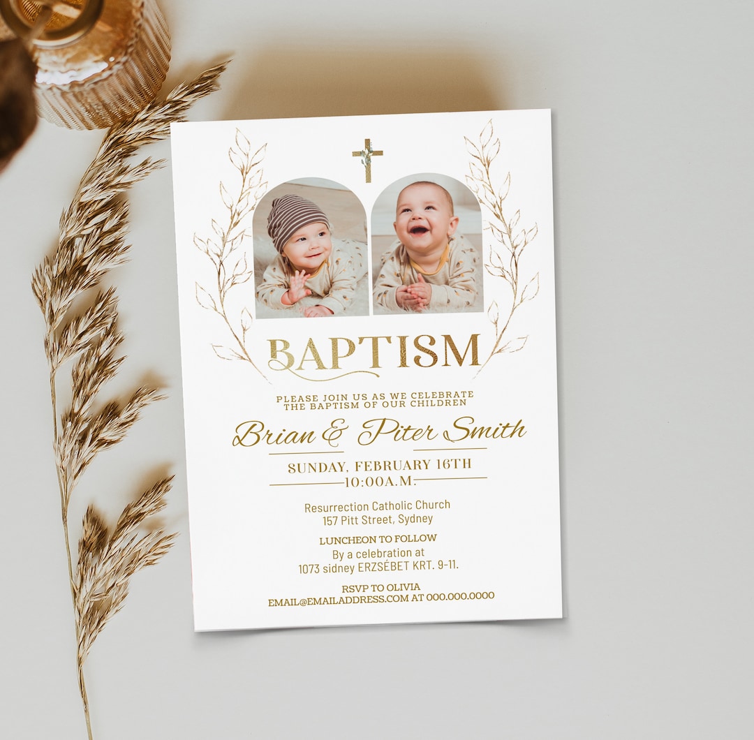 Modern Twin Baptism Invitation With Photo, Editable Baptism Invitation ...