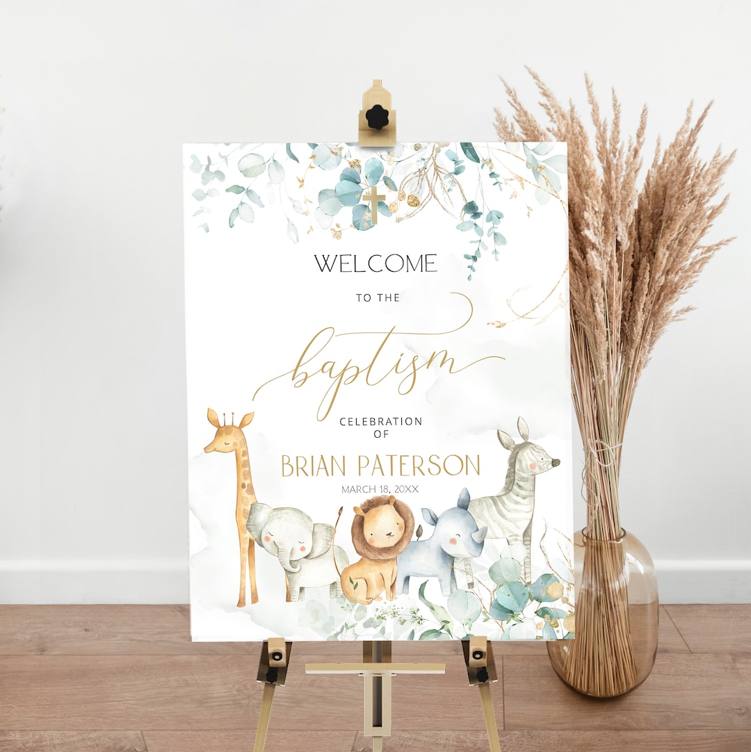 Eucalyptus Baptism Sign, Printable Baptism Welcome Sign, Safari Animals ...