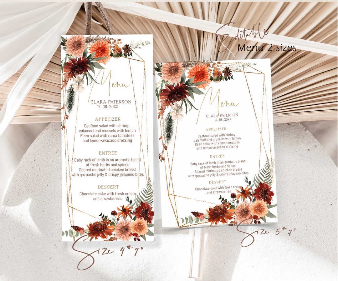 Editable Fall Menu Template, Pampas Grass Menu, Burnt Orange Menu ...