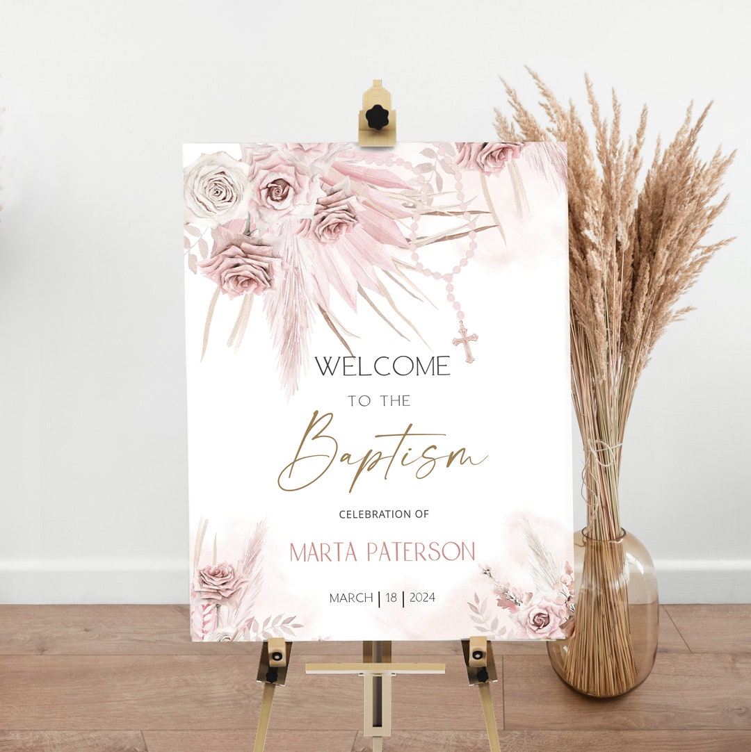 Pink Boho Baptism Welcome Sign, Pampas Gras Welcome Sign Template ...