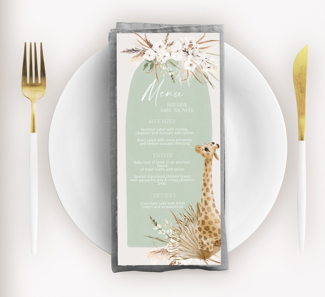 Sage Green Giraffe Menu Card Template, Safari Animals Menu Card, Floral ...