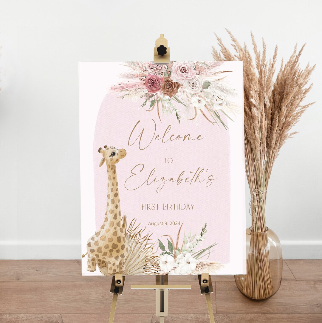 Pink Boho Giraffe Welcome Sign, Pampas Grass Birthday Sign, Boho ...