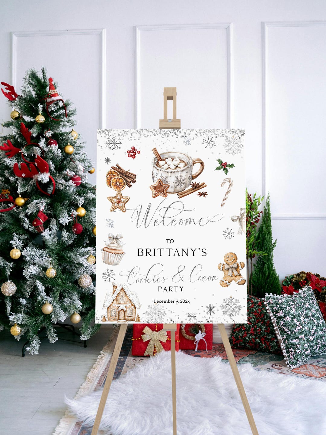 Christmas Cookies and Cocoa Baby Shower Welcome Sign, Silver Snowflake ...