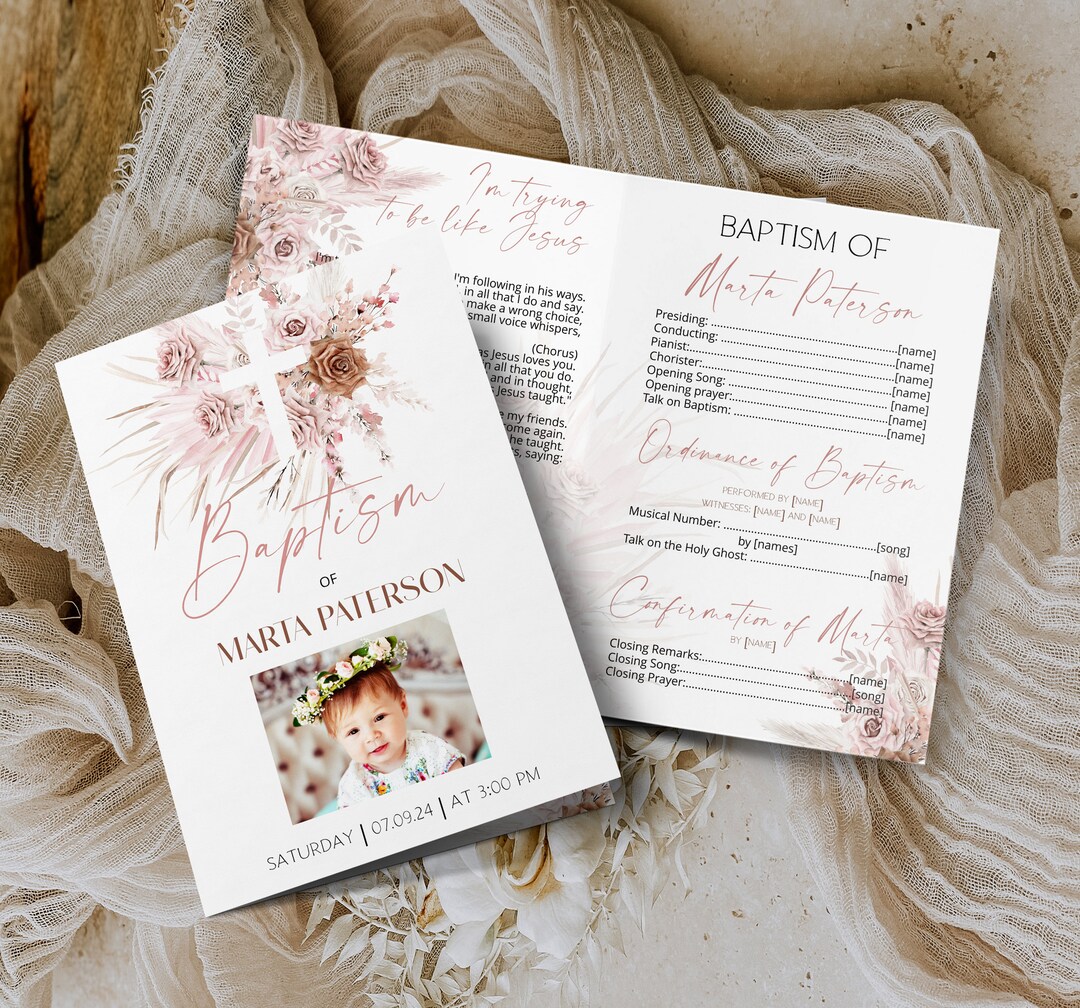 Pink Boho Baptism Program, Girl Baptism Program Template, Boho Baptism ...