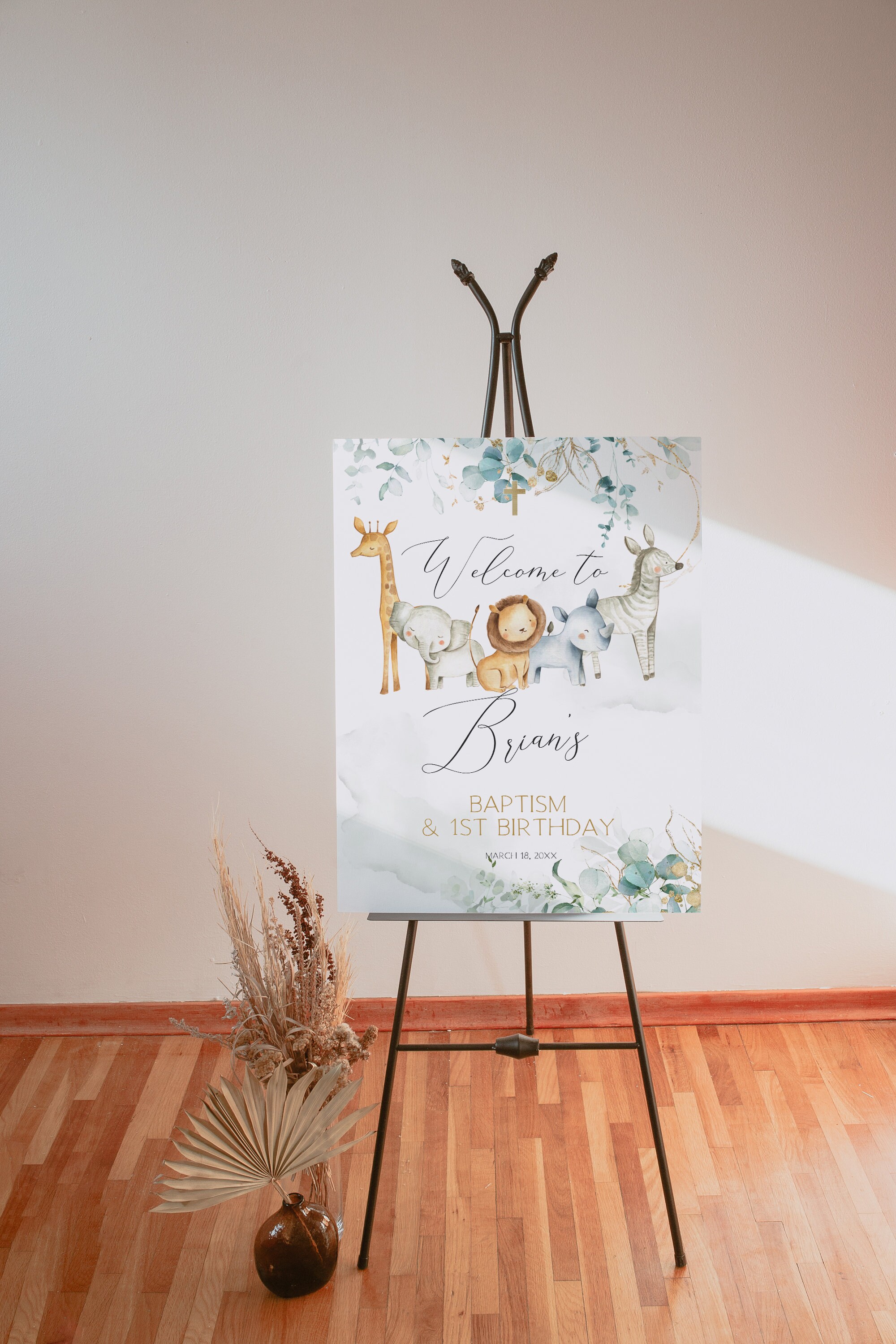 Animals Baptism and 1st Birthday Welcome Sign, Eucalyptus Baptism Sign ...